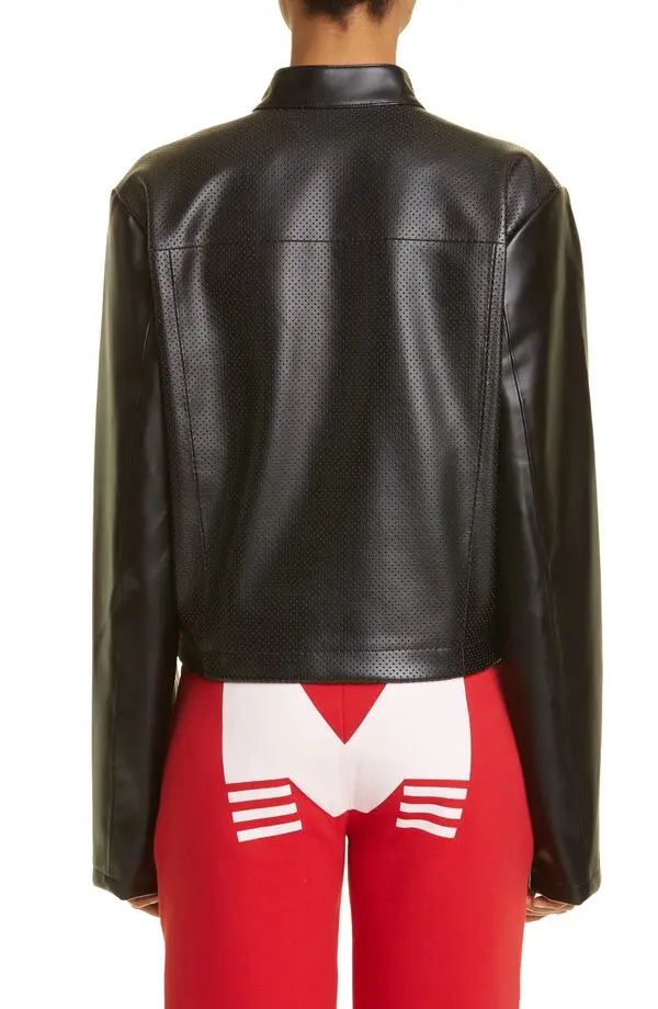 Mowalola Perforated Logo Faux Leather Biker Jacket In Black