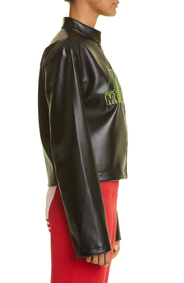 Mowalola Perforated Logo Faux Leather Biker Jacket In Black