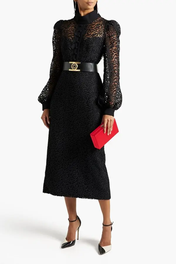 Elie Saab Belted Macramé Lace Midi Dress