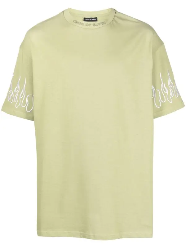 VISION OF SUPER Flame-embroidered Cotton T-shirt - Green