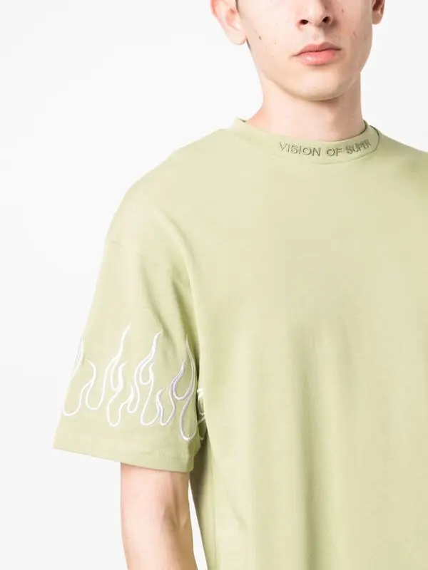 VISION OF SUPER Flame-embroidered Cotton T-shirt - Green