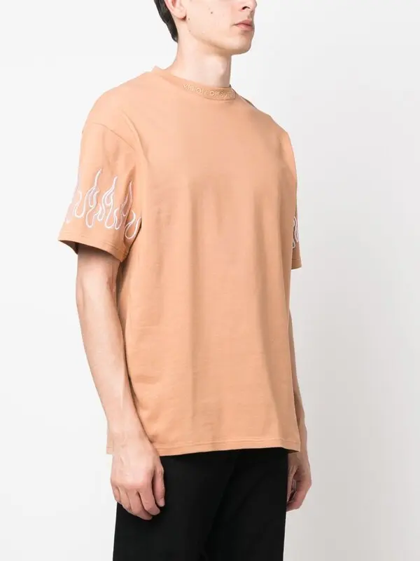 VISION OF SUPER Flame-embroidered Cotton T-shirt - Brown