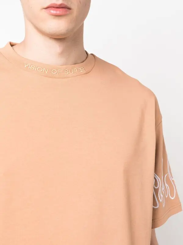 VISION OF SUPER Flame-embroidered Cotton T-shirt - Brown