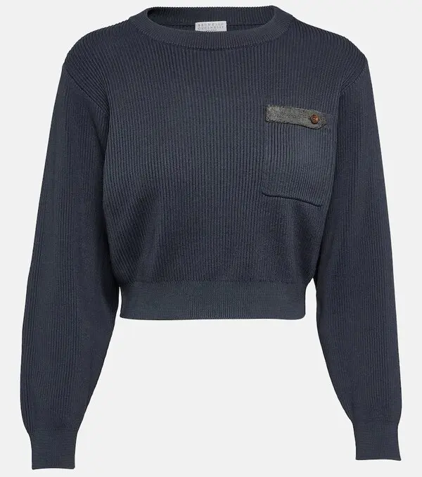 Brunello Cucinelli Cropped Ribbed Knit Cotton Sweater - Blue