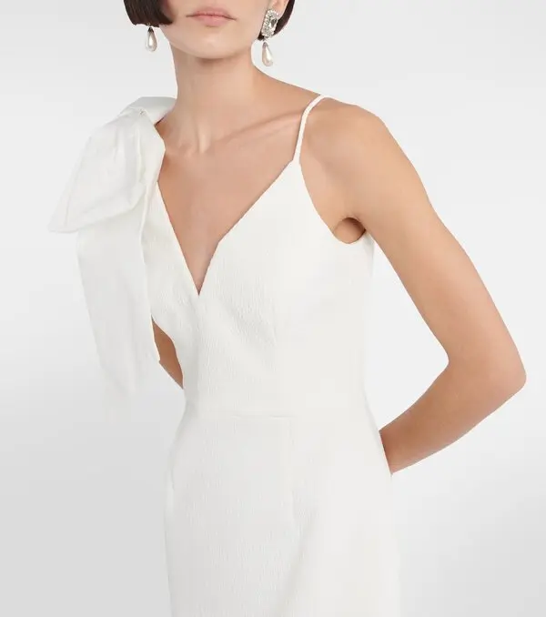white crepe a line midi dress with bow straps a line white midi dress Bow-Detail Pleated A-Line Midi Dress in Ivory