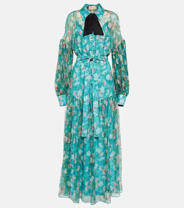 Gucci Floral Pleated Silk Creponne Gown - Blue | Editorialist
