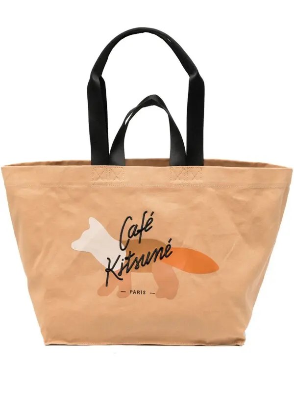 Cafe Kitsuné colorblock tote bag Maison Kitsuné Cafe Double Cotton Tote Bag In Brown - 30% Off