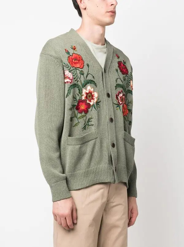 Junya Watanabe Floral-Embroidered V-Neck Cardigan In Green - 30