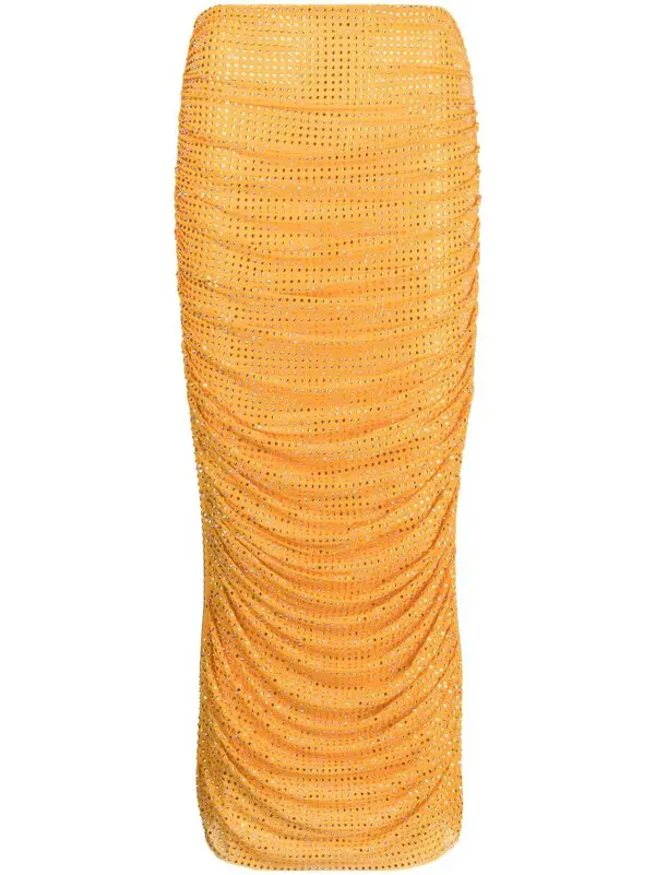 SELF-PORTRAIT Embellished Ruched Midi Skirt - Orange