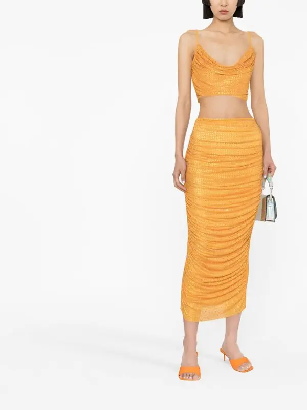 SELF-PORTRAIT Embellished Ruched Midi Skirt - Orange