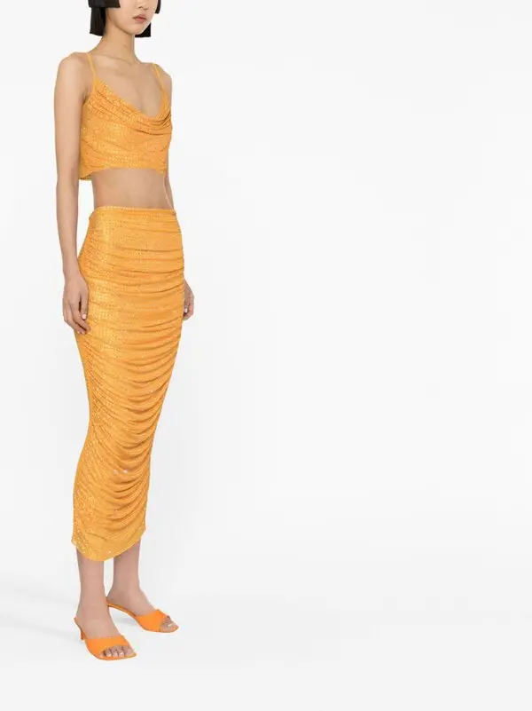 SELF-PORTRAIT Embellished Ruched Midi Skirt - Orange