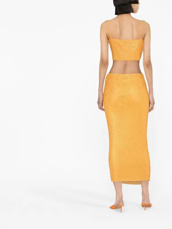 SELF-PORTRAIT Embellished Ruched Midi Skirt - Orange