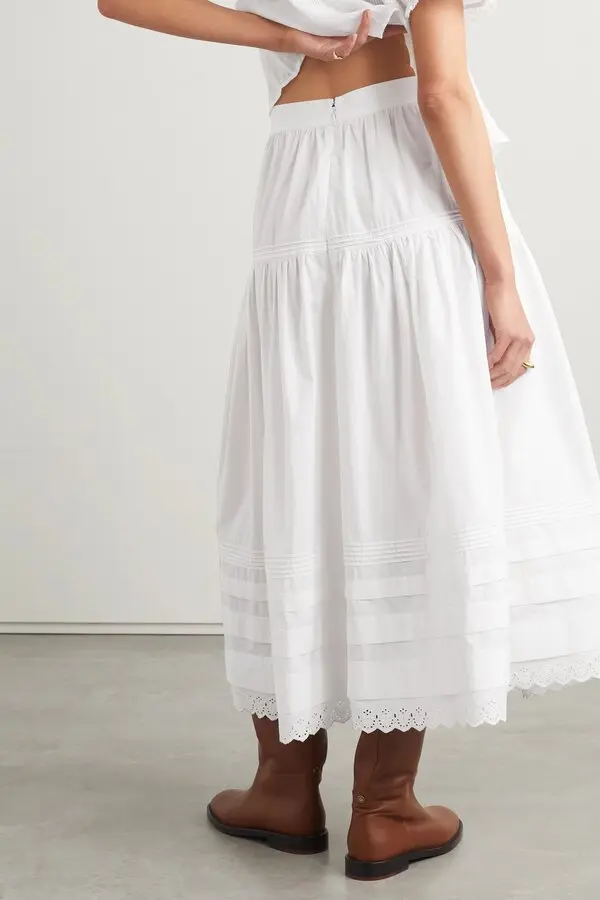 DÔEN - DÔEN Sebastiane Broderie Anglaise-trimmed Organic Cotton-poplin Midi Skirt