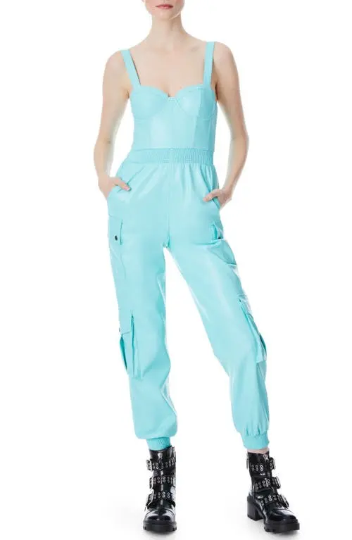 Alice + Olivia Frida Faux Leather Bustier Cargo Jumpsuit - Aqua Blue