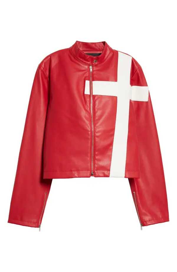 Mowalola Cross Faux Leather Biker Jacket In Red 3316 Cc - 70% Off 