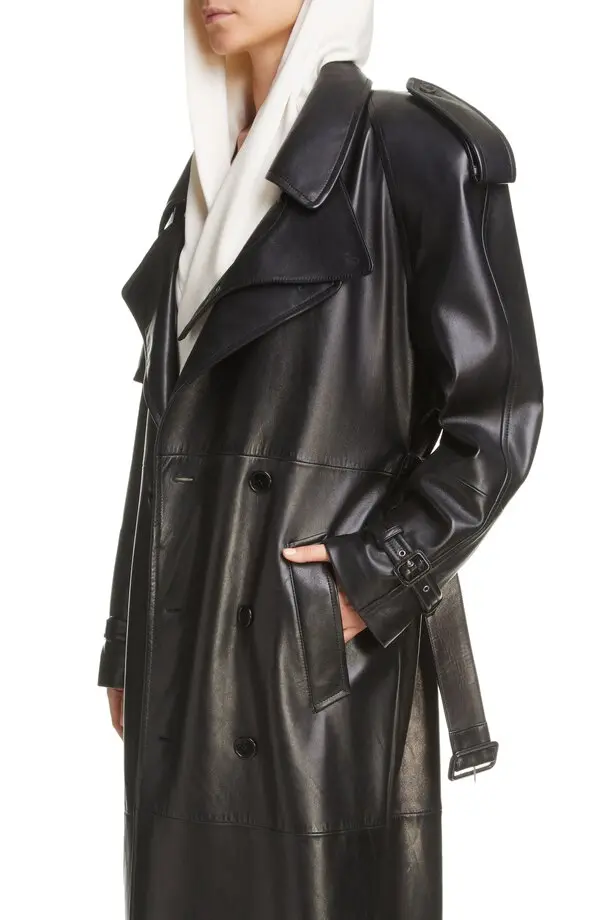 Saint Laurent Classic Plunge Long Leather Trench Coat Noir - Main Image