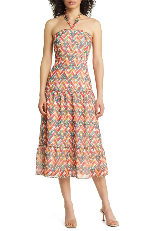 Sam Edelman Geo Print Halter Maxi Dress - Coral Multi | Editorialist