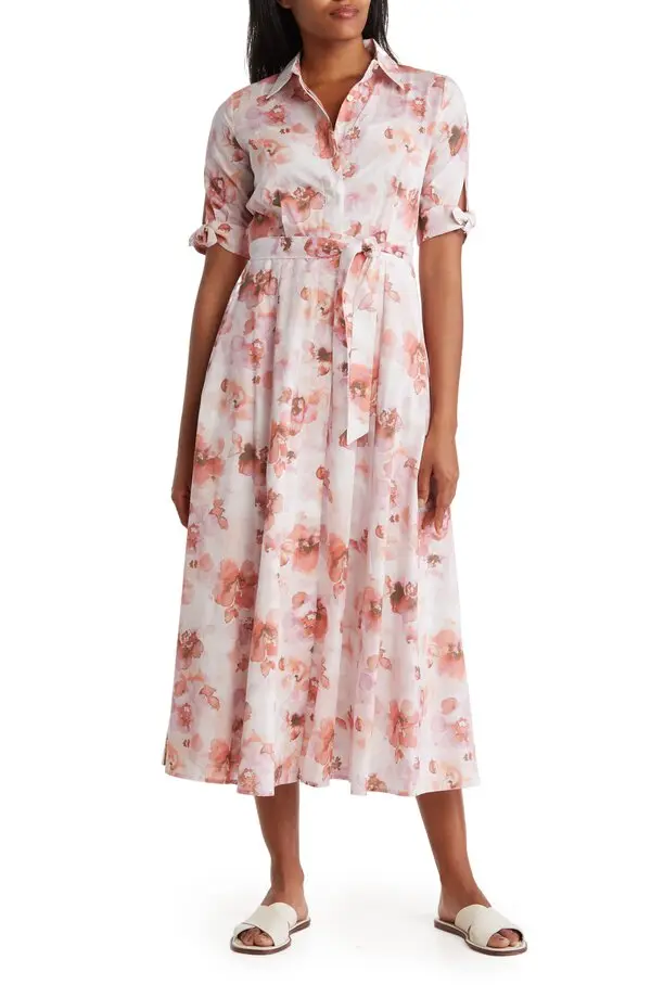 Calvin Klein Floral Cotton Maxi Shirtdress - Blush Multi | Editorialist
