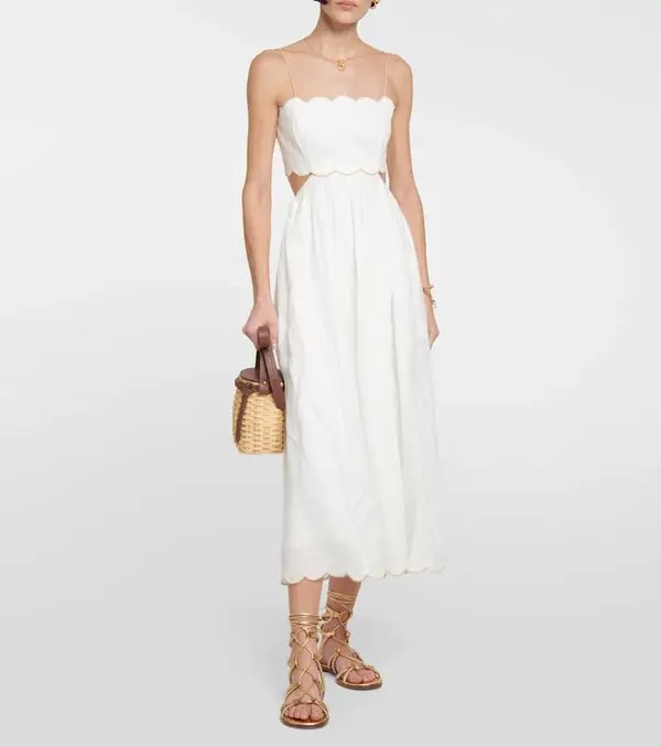 chinese dress ladies Zimmermann Halcyon Cutout Ruffled Shell Embellished Linen Midi Dress