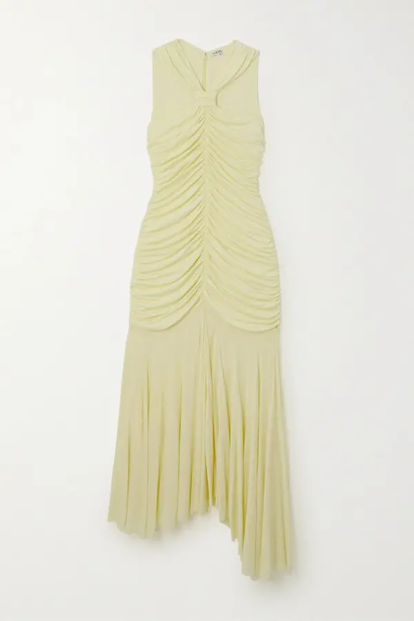 Loewe Asymmetric Gathered Crepe Midi Dress - Yellow