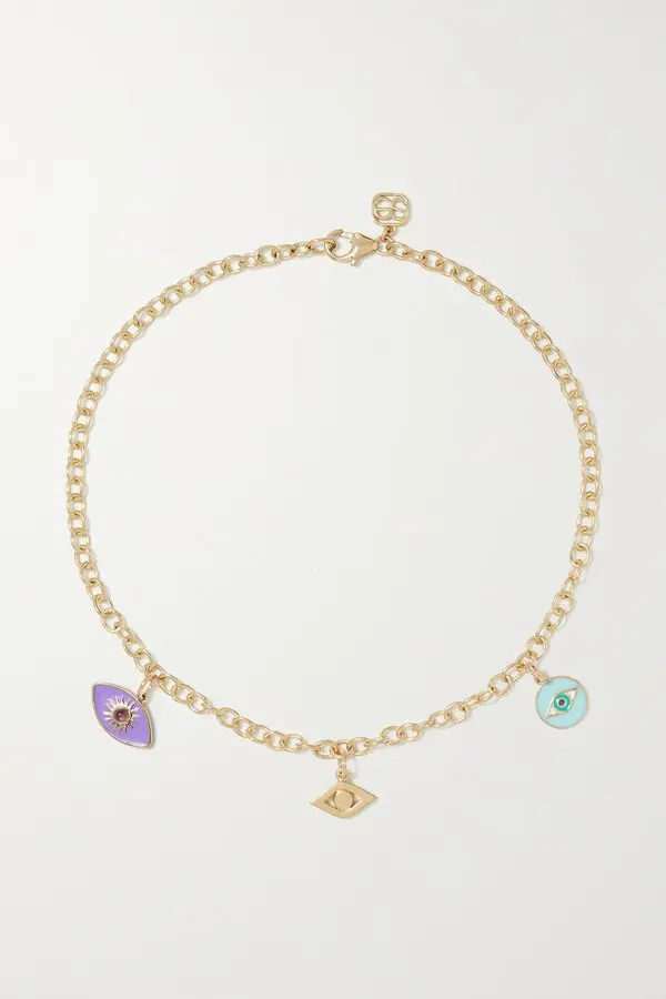 SYDNEY EVAN Mini Evil Eye 14-karat Amethyst And Diamond Anklet - Gold