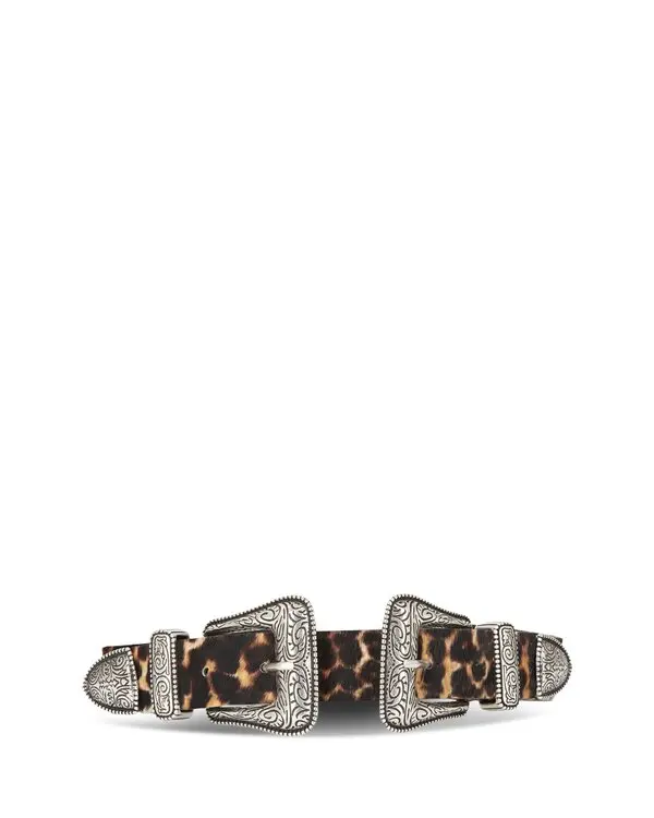 The Kooples Double Buckle Leopard Print Belt In Brown/Silver  display picture 3