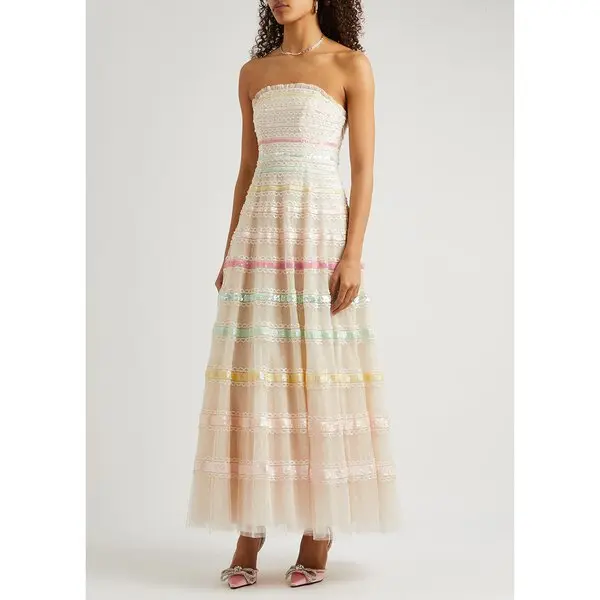 NEEDLE & THREAD Rainbow Embellished Strapless Tulle Gown 6
