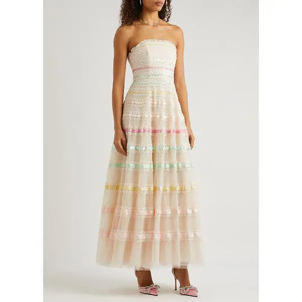 NEEDLE & THREAD Rainbow Embellished Strapless Tulle Gown 6
