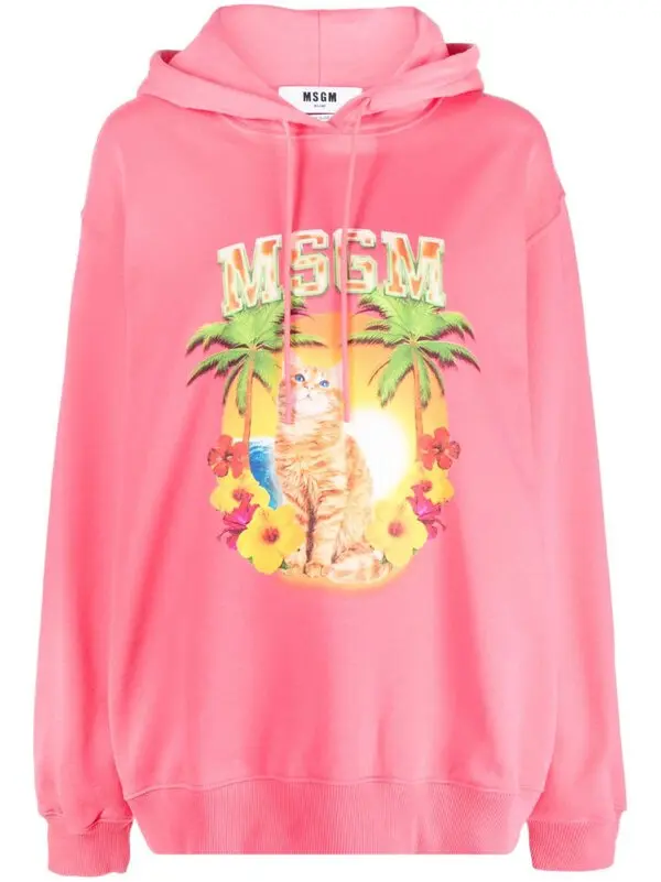 MSGM Graphic-print Cotton Hoodie - Pink