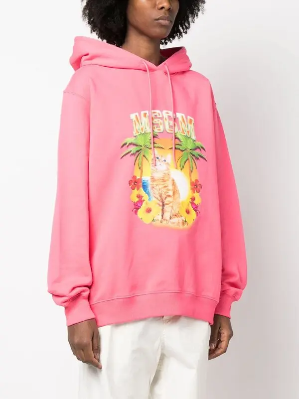 MSGM Graphic-print Cotton Hoodie - Pink