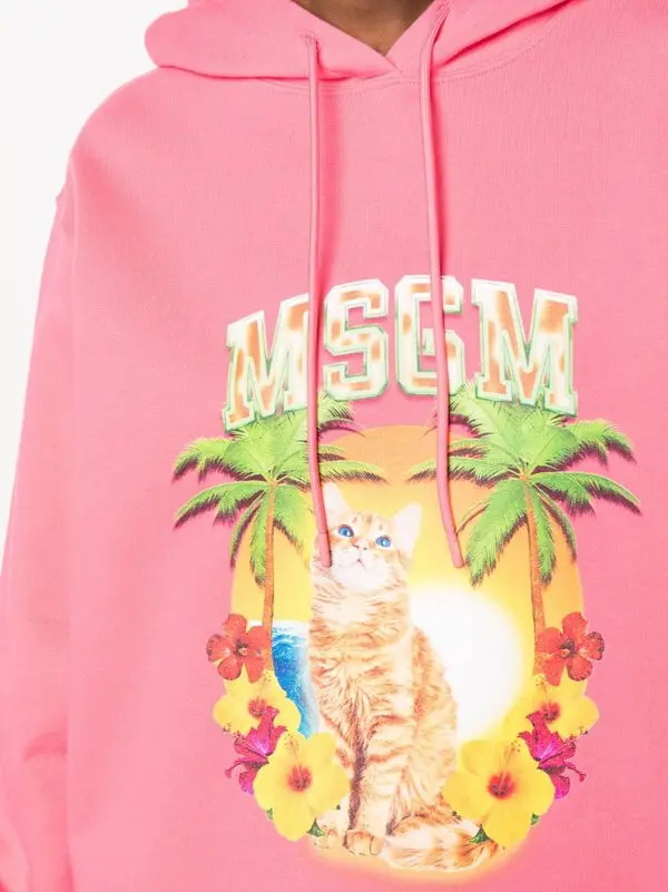 MSGM Graphic-print Cotton Hoodie - Pink