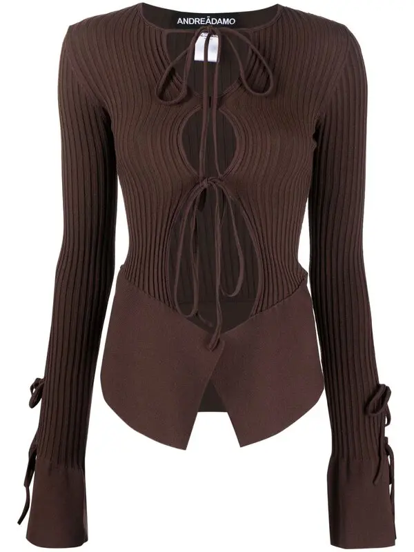 ANDREĀDAMO Tie-fastening Long-sleeve Knitted Top - Brown