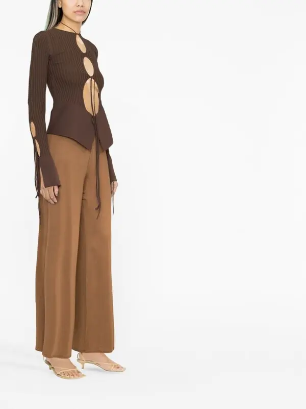 ANDREĀDAMO Tie-fastening Long-sleeve Knitted Top - Brown