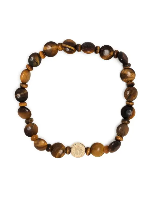 Luis Morais 14kt Yellow Gold Scarab Tiger Eye Beaded Bracelet - Brown