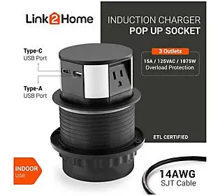 LINK2HOME Space Saver Pop Up Outlet W/induction Charger Usb