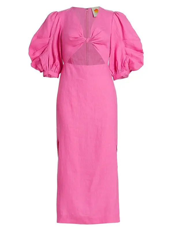 Farm Rio Cut-Out Puff-Sleeve Midi-Dress In Pink - 63% Off | Editorialist