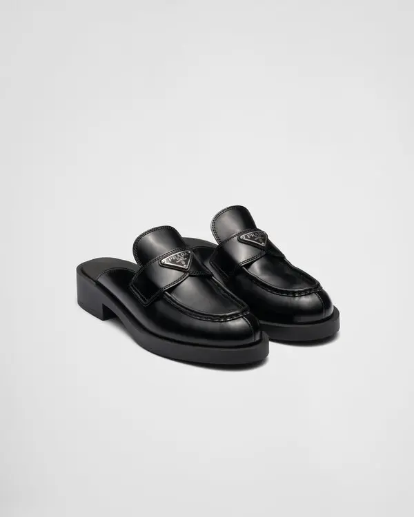 Prada Chocolate Brushed Leather Mules - Black | Editorialist