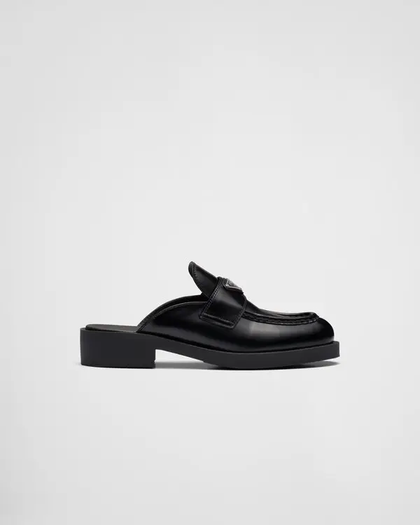 Prada Chocolate Brushed Leather Mules - Black | Editorialist