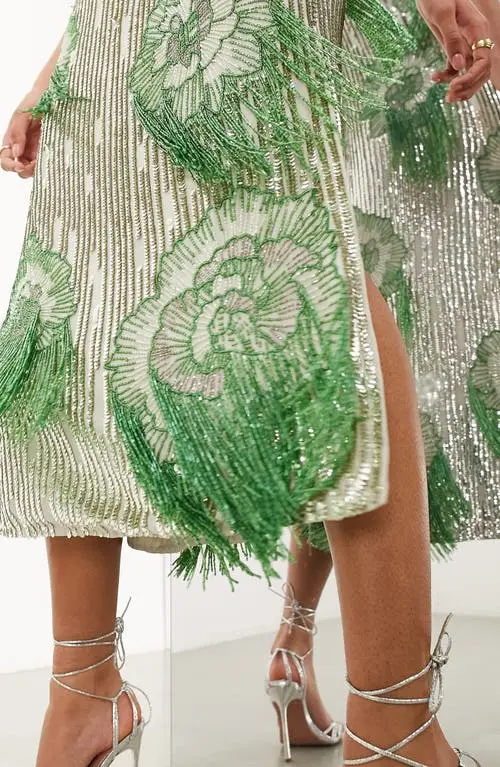 green emerald velvet dress FRINGE SKIRT – Lolliesvintagestore main image 1