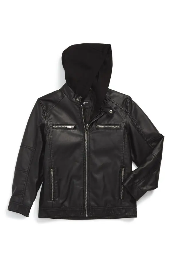 BLACK RIVET Faux Leather Hooded Jacket