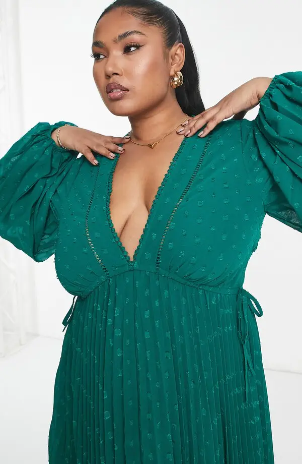 Asos Curve Long Sleeve Dobby Cocktail Dress In Dark Green - 25% Off