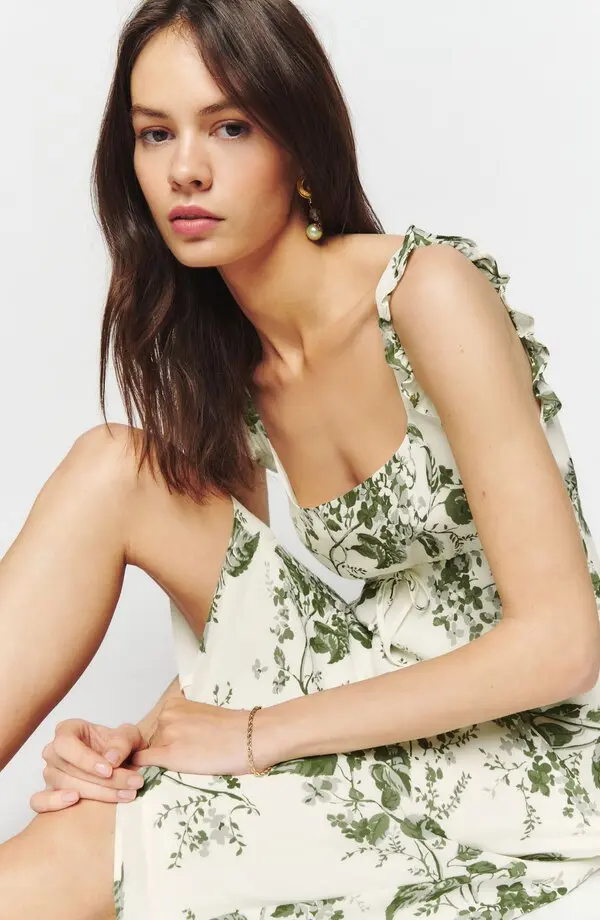 Reformation Leni Floral Print Dress In Sage Brush - 35% Off | Editorialist