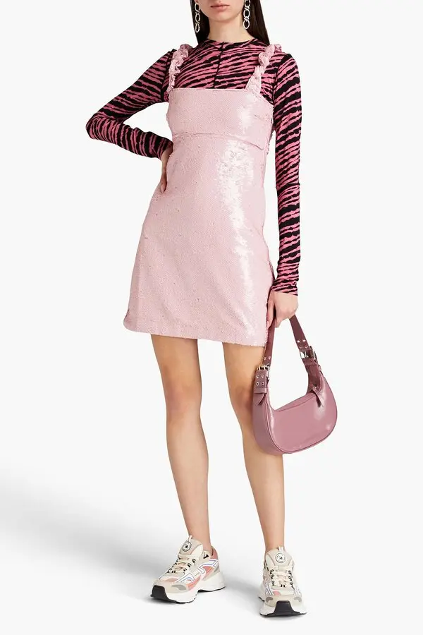 ganni ruffle trimmed sequined georgette mini dress Ganni Ruffle-Trimmed Sequined Georgette Mini Dress In Baby Pink - 80% Off