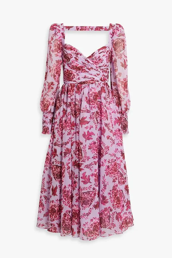 Badgley Mischka Floral-Print Chiffon Midi Dress With Cutout Detail In Lilac  - 75% Off | Editorialist