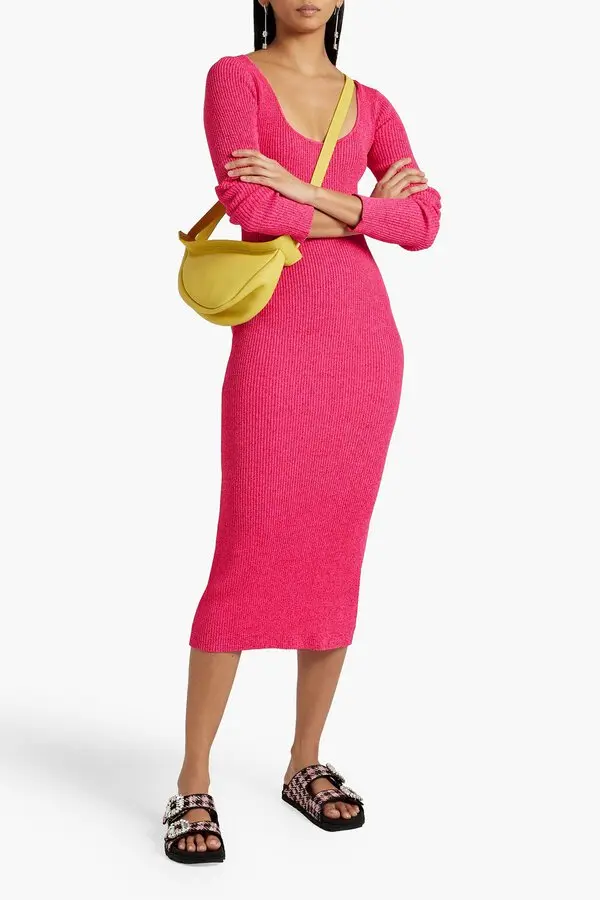 Ganni Marled Ribbed-Knit Midi Dress - Fuchsia - 80% Off | Editorialist