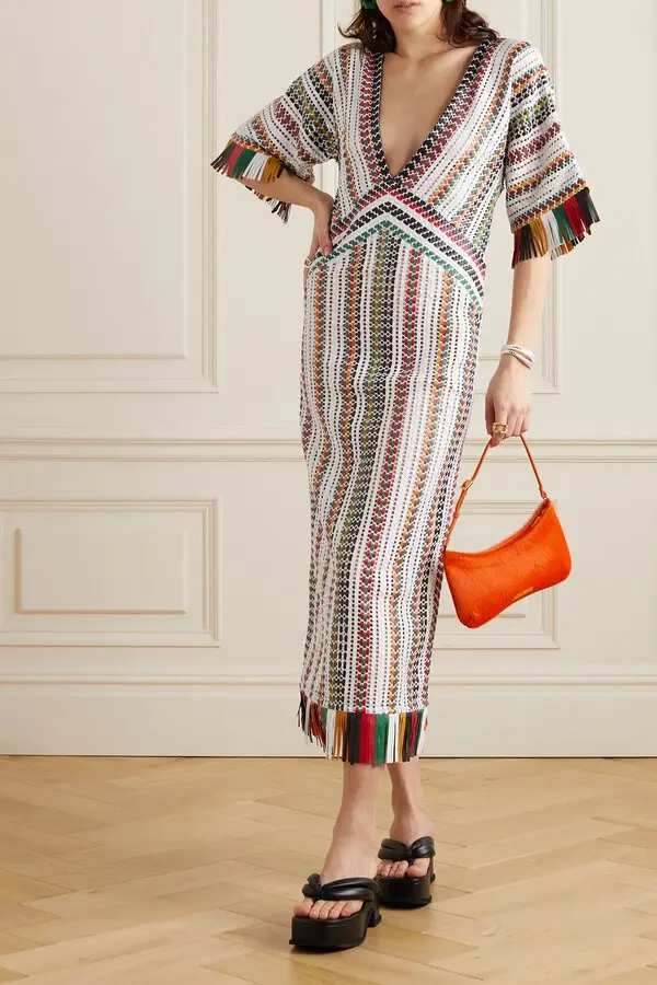 Dodo Bar Or Aoki Cutout Fringed Striped Woven Leather Midi Dress In Multi -  60% Off | Editorialist
