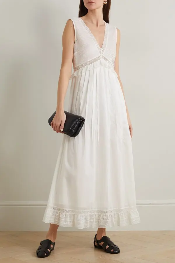See By Chlo Lace-Trimmed Pleated Cotton-Voile Midi Dress In White - 60%  Off | Editorialist