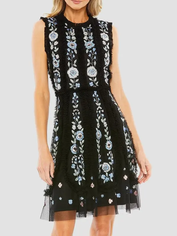 Mac Duggal Mac Floral-embroidered Chiffon Minidress - Black