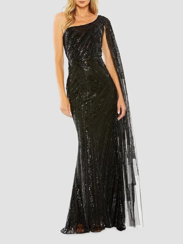 Mac Duggal Asymmetric Sequined Gown - Black