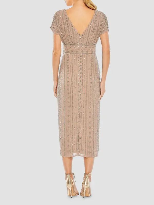 Mac Duggal Beaded Mesh Column Midi-dress